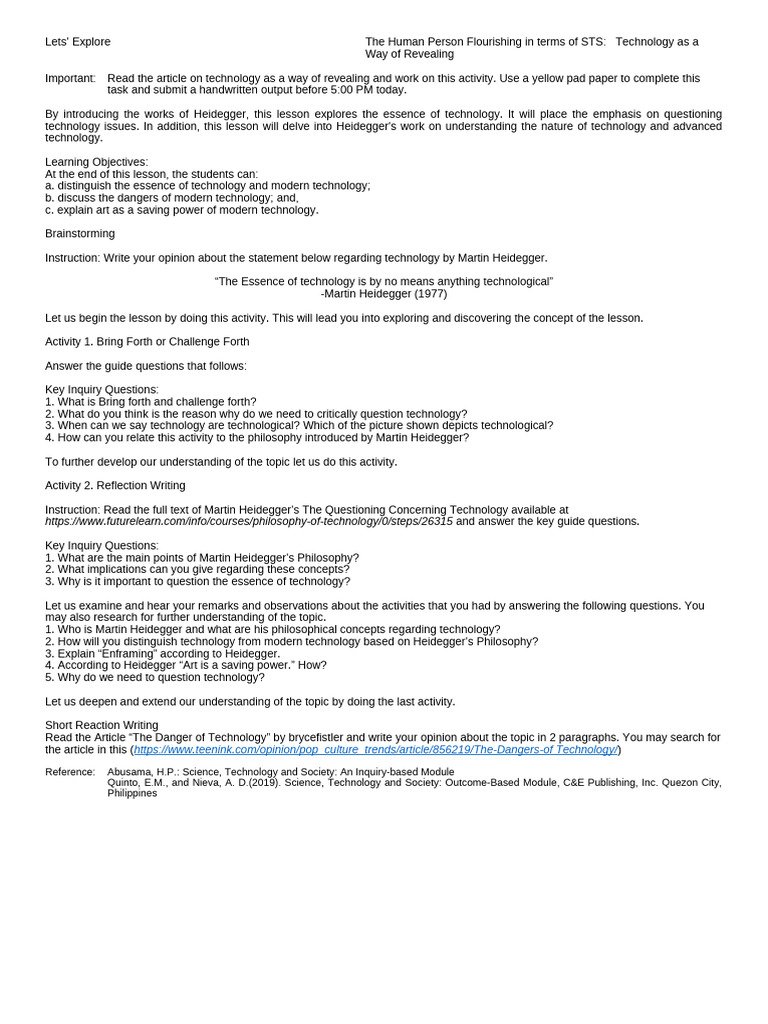 GEC 003 Technology As A Way of Revealing Worksheet | PDF | Martin ...