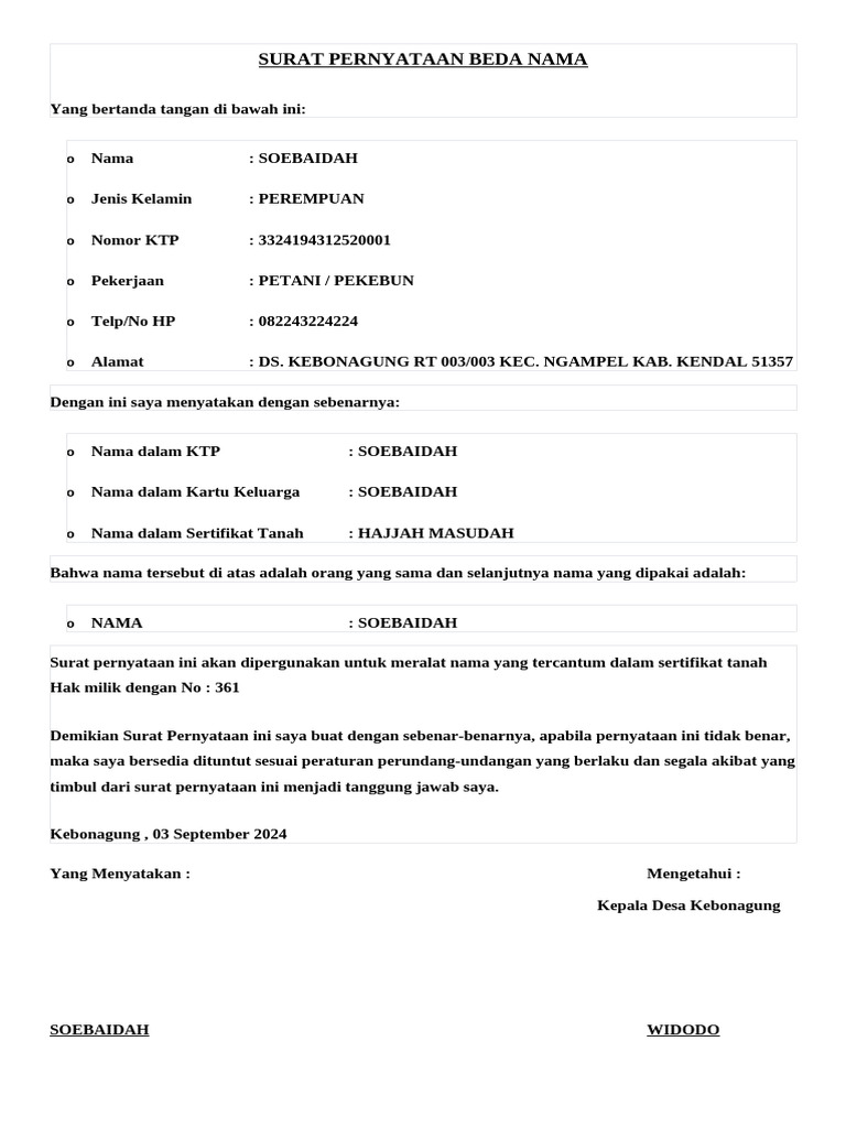 Surat Pernyataan Beda Nama | PDF