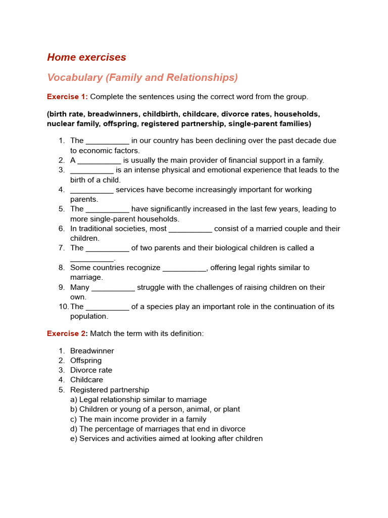 Family and Relationships Vocabulary Exercises | PDF | Family | Marriage