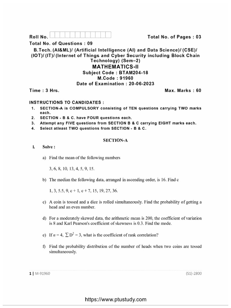 Btech 2 Sem Mathematics 2 91960 Jun 2023 | PDF