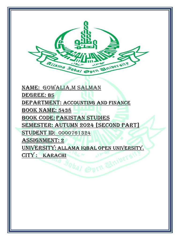 Name: Degree: Department: Book Name: Book Code: Pakistan Studies ...