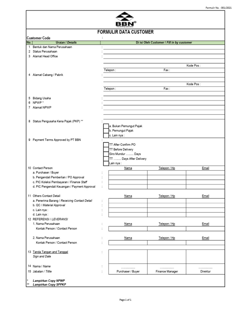Formulir Data Customer Bukit Baja Nusantara | PDF