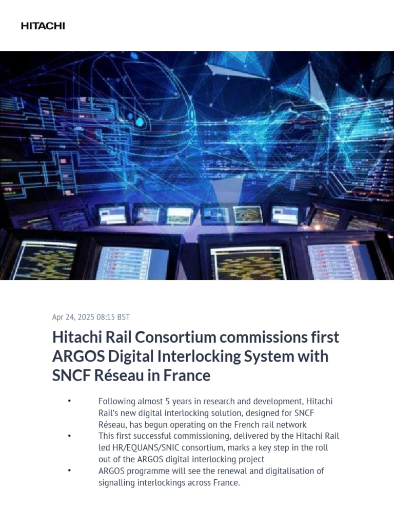 Hitachi Rail Consortium Commissions First ARGOS Digital Interlocking System With SNCF Réseau in ...