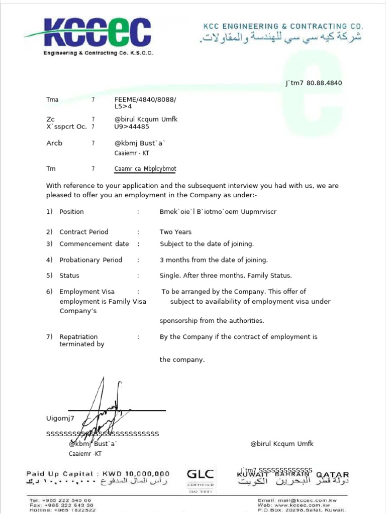 PDF KCC Kuwait Offer Letter - Compress | PDF | Employment | Insurance