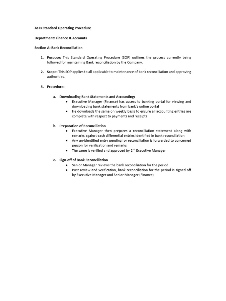 Bank Reconciliation SOP Overview | PDF