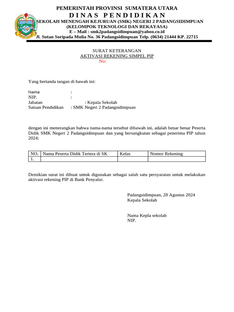 Contoh surat Keterangan Penerima PIP | PDF