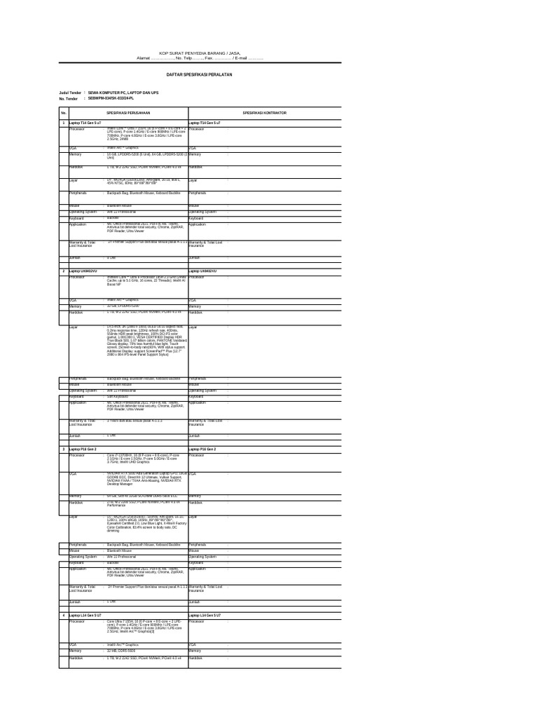 Lampiran 8 - Daftar Spesifikasi Peralatan | PDF | Laptop | Computer Architecture