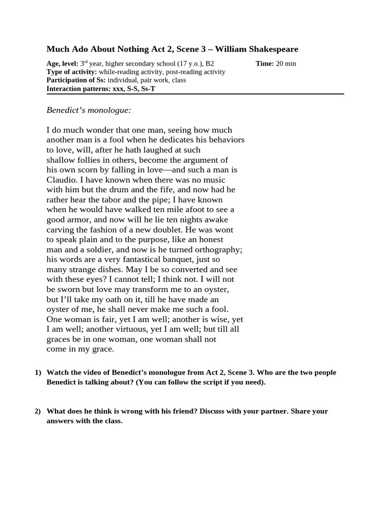 Lesson Plan Much Ado About Nothing Act 2 | PDF