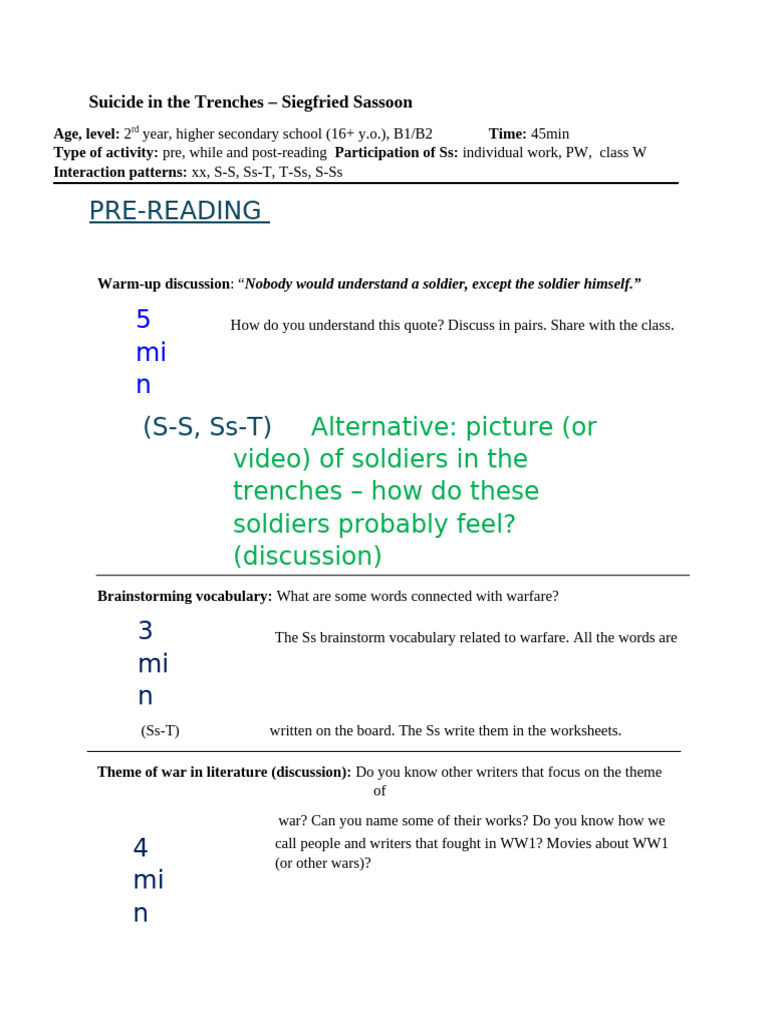 Lesson Plan Suicide in The Trenches | PDF