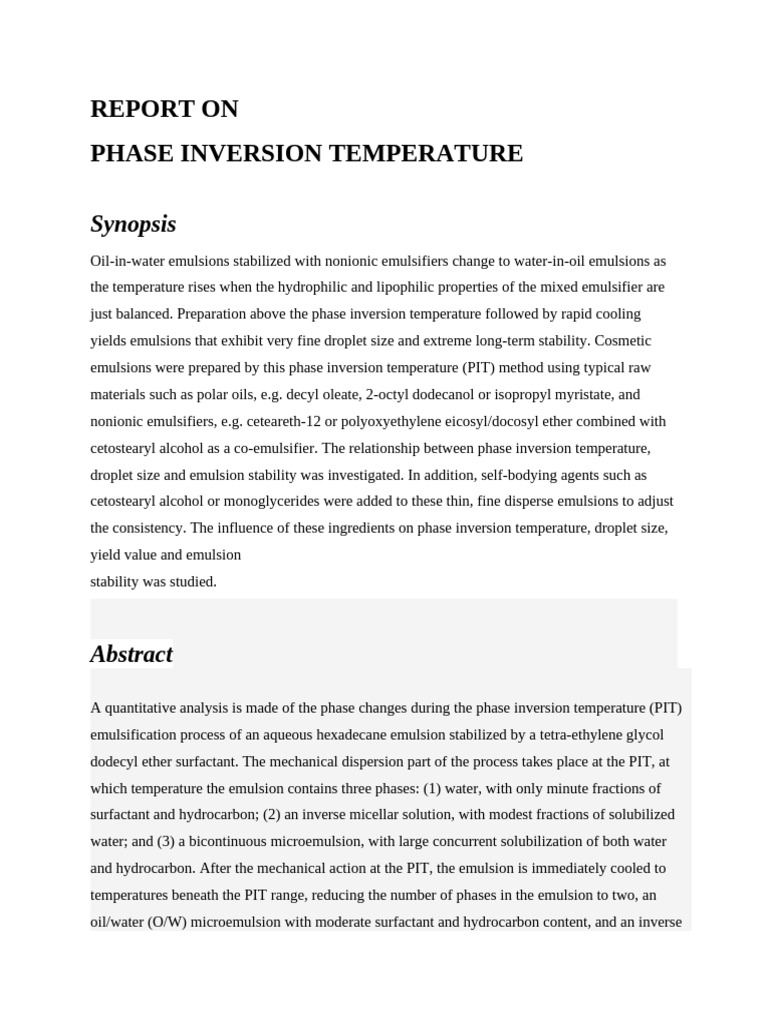 Report On Phase Inversion Temperature | PDF | Emulsion | Surfactant