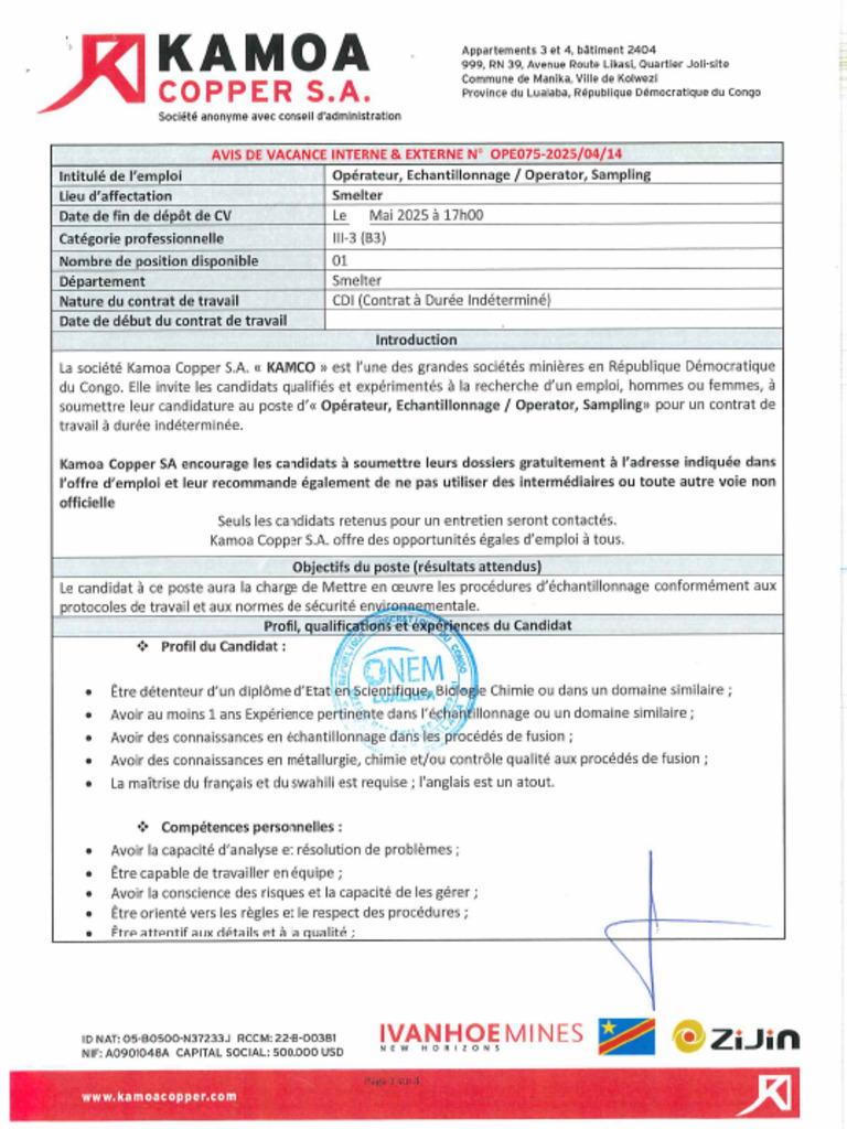 Advert NºOPE075 Operator, Sampling | PDF