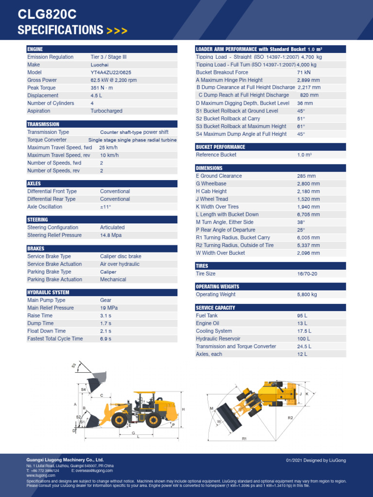 LiuGong CLG820C Loader Specifications | PDF | Brake | Horsepower