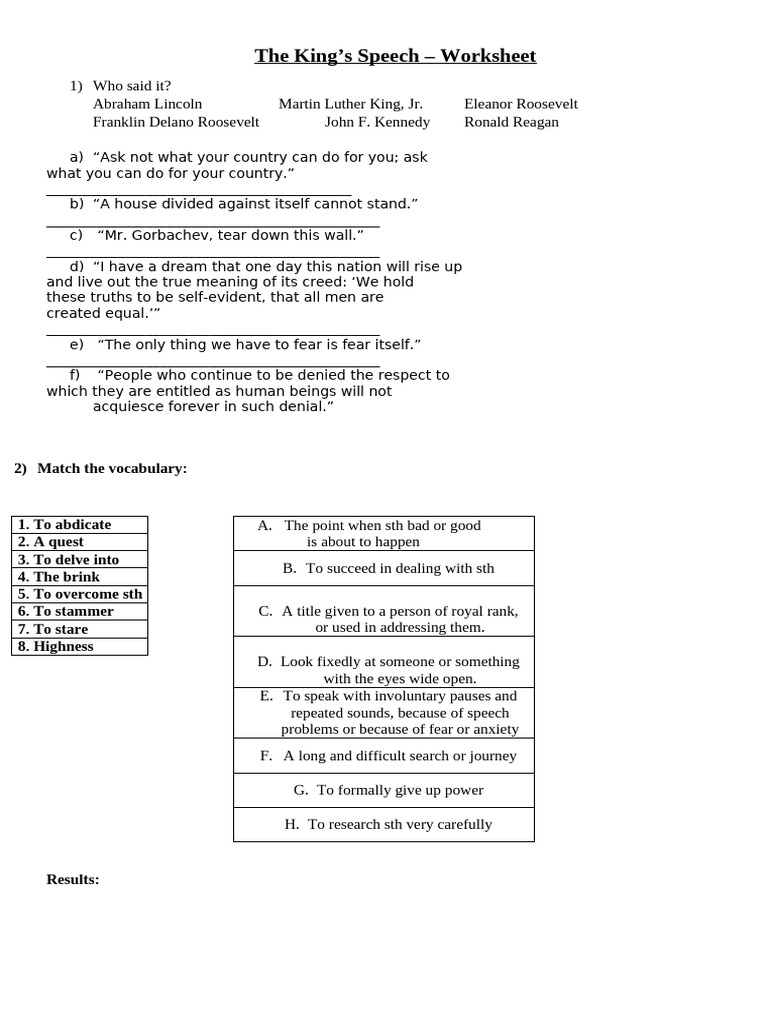 The King’s Speech: Educational Worksheet | PDF