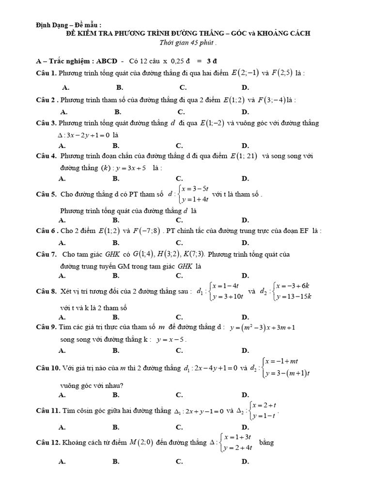 2. Mẫu Đề KT PT Đường Thẳng ... | PDF