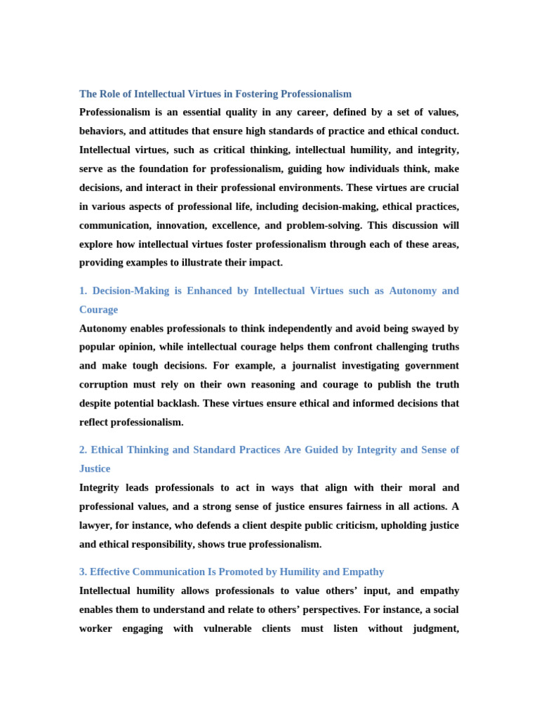 Intellectual Virtues and Professionalism Final | PDF | Courage | Virtue