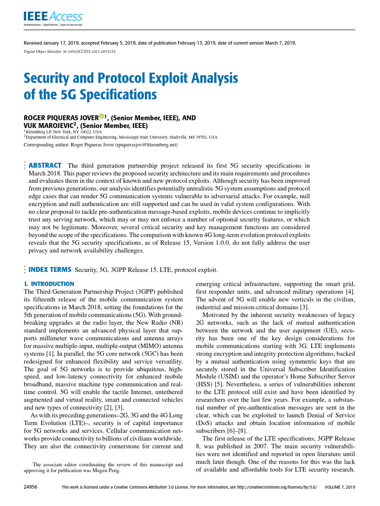 Security and Protocol Exploit Analysis of the 5G Specifications | PDF | Computer Network | Security