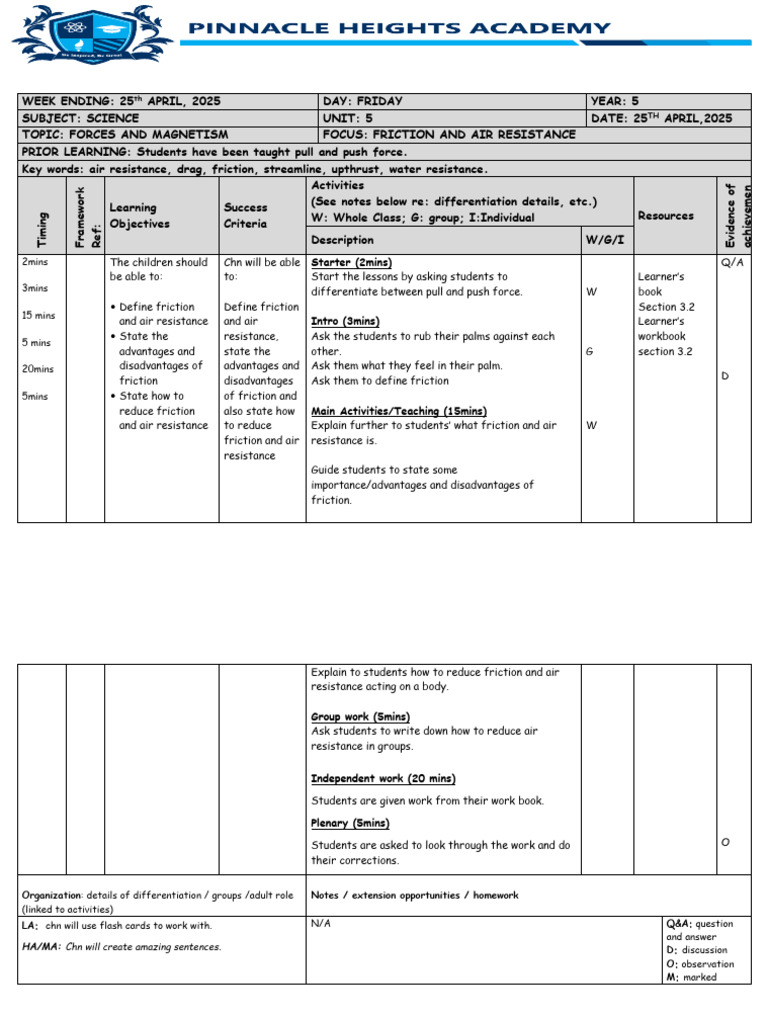 lesson plan week 1 and 2 sci y5 | PDF | Drag (Physics) | Learning
