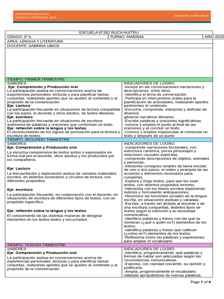 2do Grado Lengua Planificación Anual 2025 | PDF | Maestros | Escritura