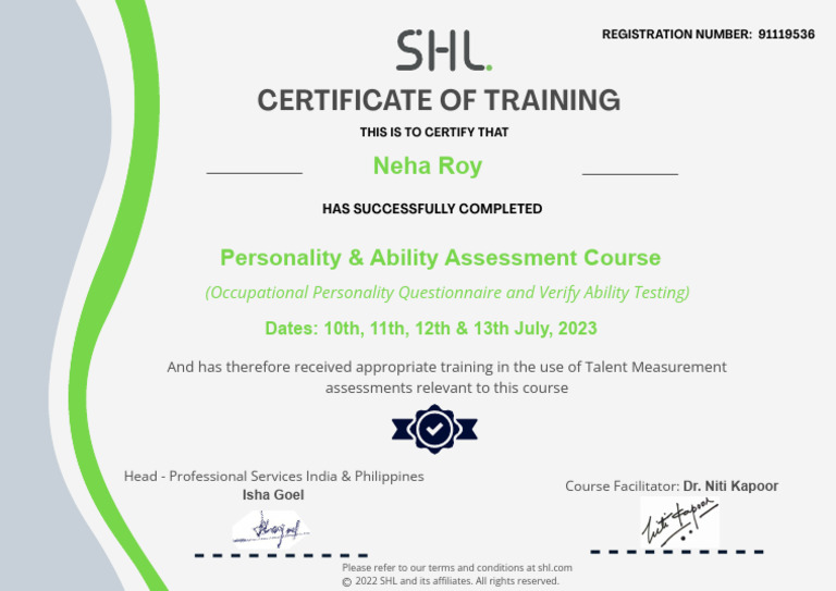 SHL Personality Assessment Training Certificate | PDF