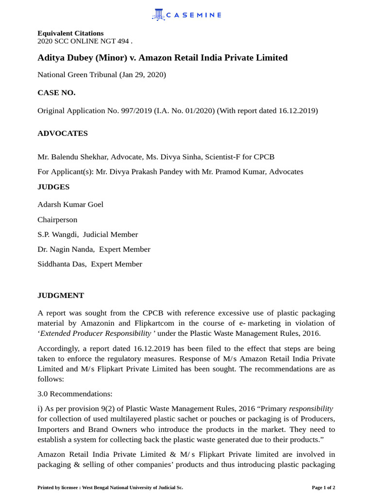 CASEMINE - Aditya Dubey (Minor) v. Amazon Retail India Private Limited | PDF