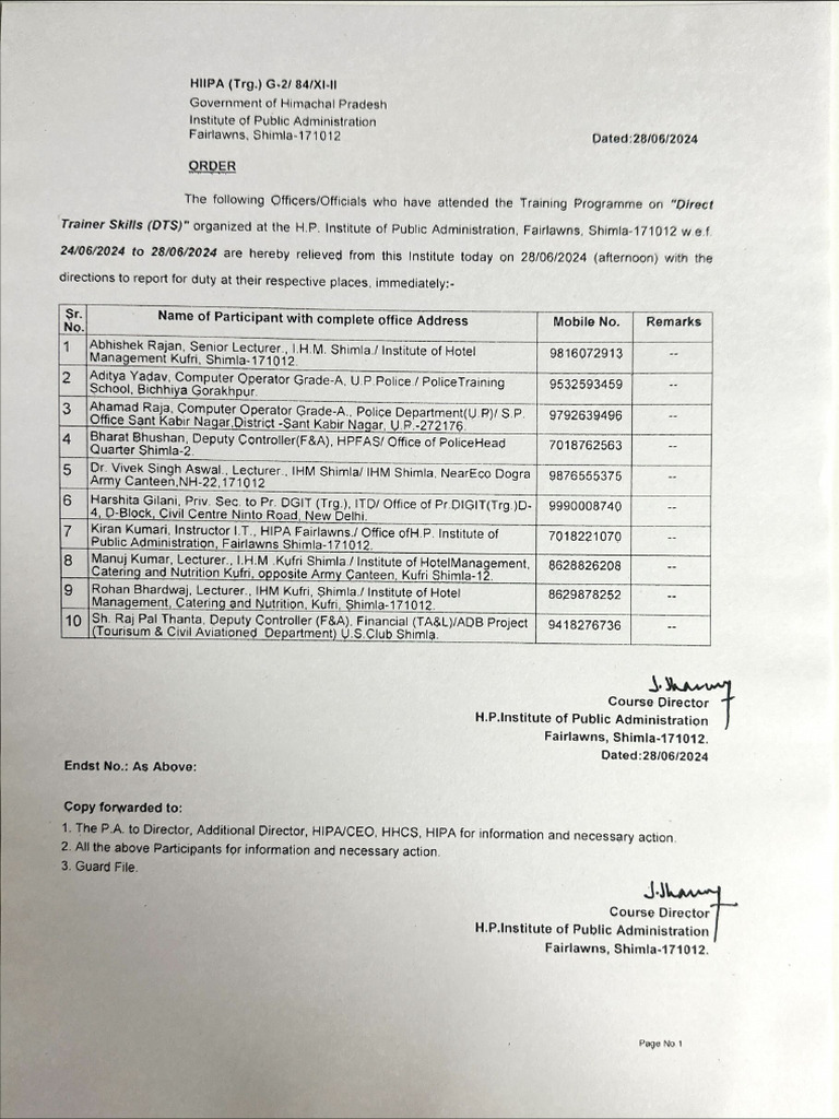 Participation Certificate and Relieving Order | PDF