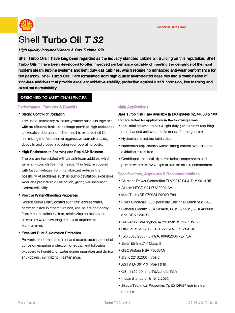 Shell Turbo Oil T 32 Technical Data | PDF | Motor Oil | Turbocharger