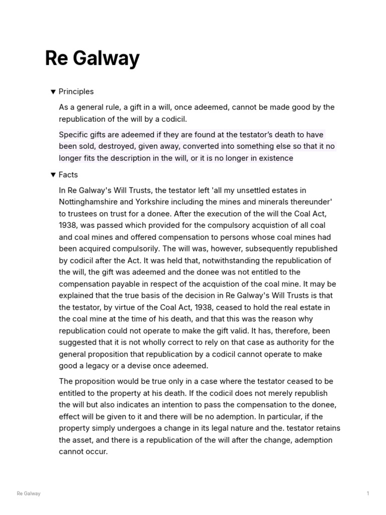 Re Galway Will Trusts: Ademption Explained | PDF | Common Law | Private Law
