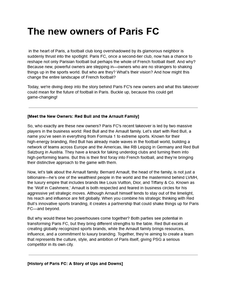 Paris FC's New Ownership Revolution | PDF