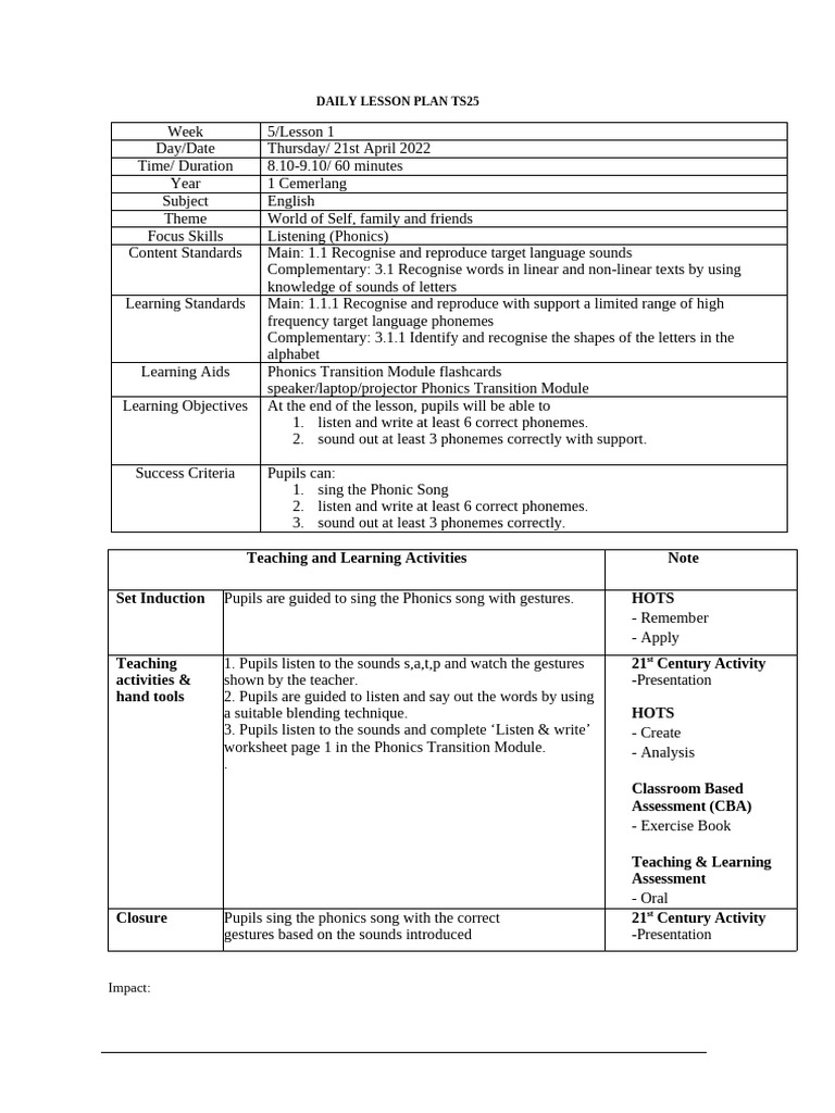 Lesson Plan Year 1 Latest | PDF | Phonics | Lesson Plan