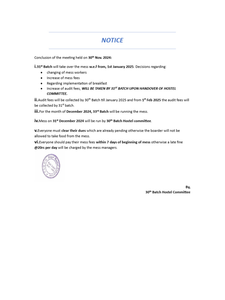 Notice Regarding Changes in Mess | PDF