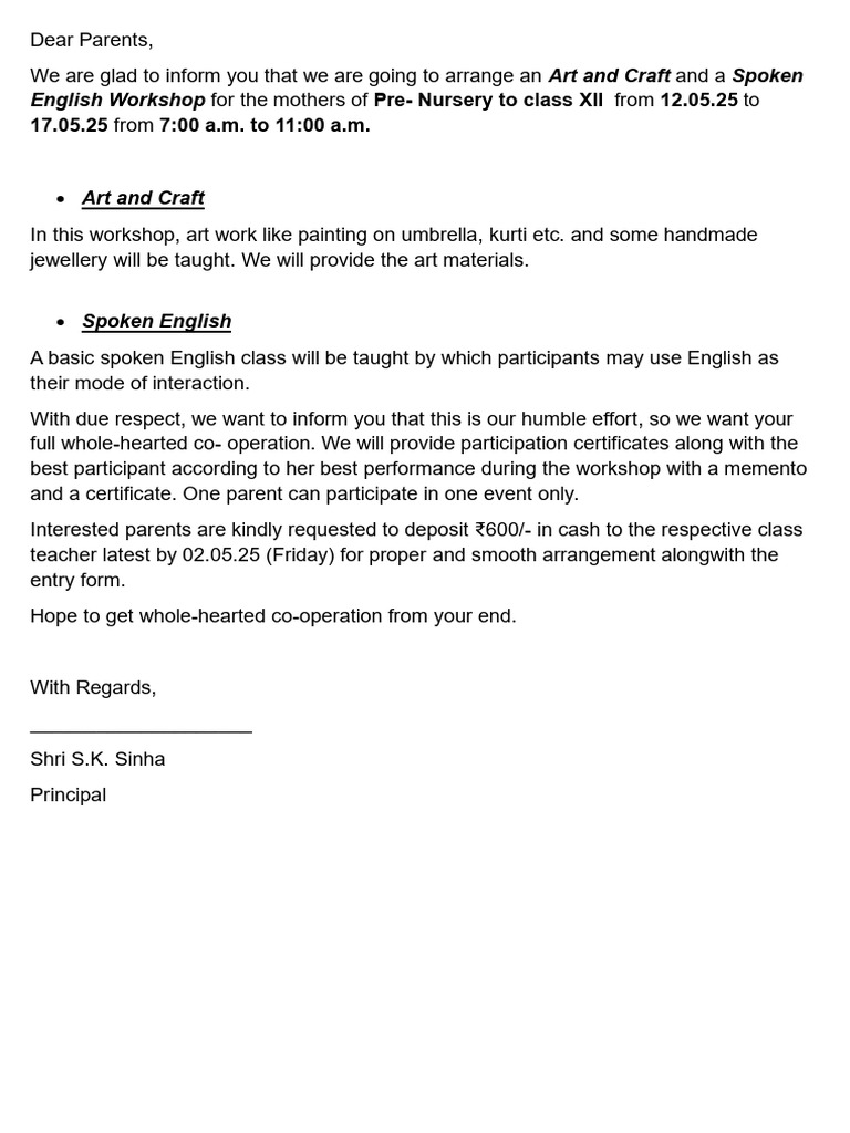 Art and Spoken English Workshop Notice | PDF