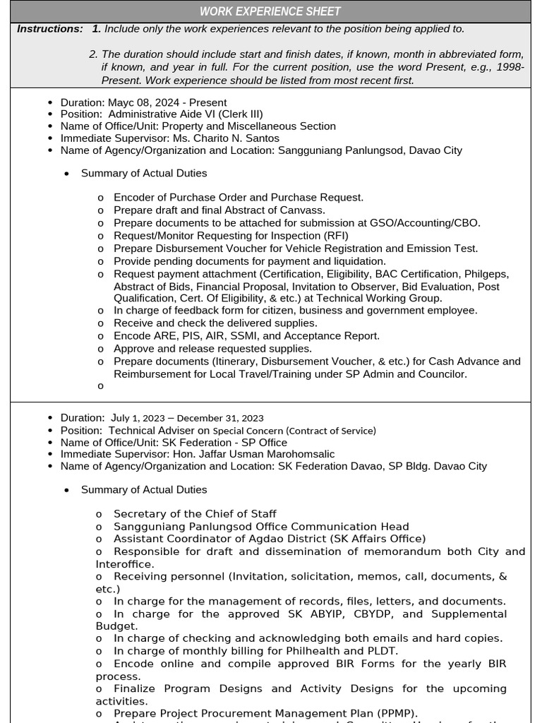 CS Form No. 212 Attachment - Work Experience Sheet | PDF