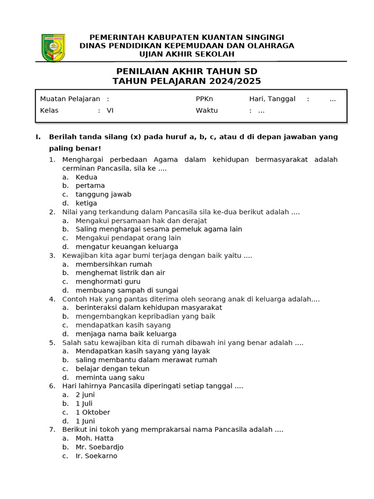 Soal Uas K13 2025 PPKN | PDF