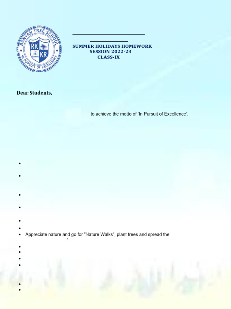 Class 9TH Summer Holidays | PDF | Homework