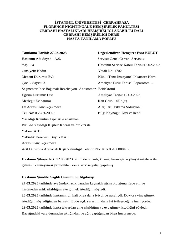 Hasta Tanilama Formu Esra Bulut 4301190186 (Sıra) | PDF