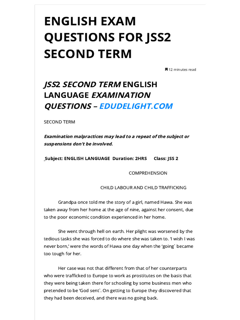 English Exam Questions For Jss2 Second Term | PDF | Human Trafficking ...