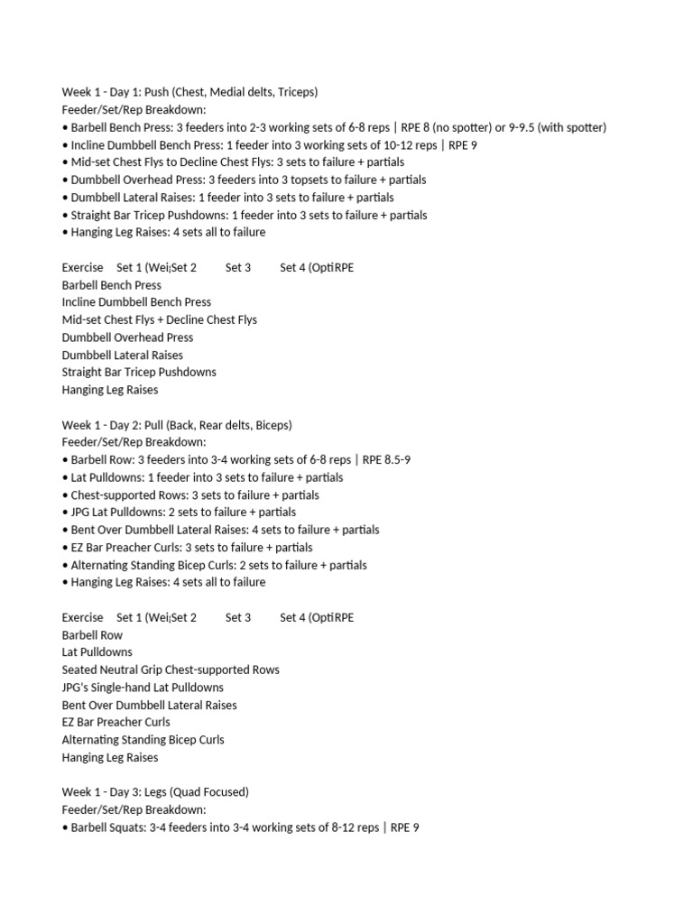 Weekly Workout Plan: Push, Pull, Legs | PDF | Physical Fitness | Weight