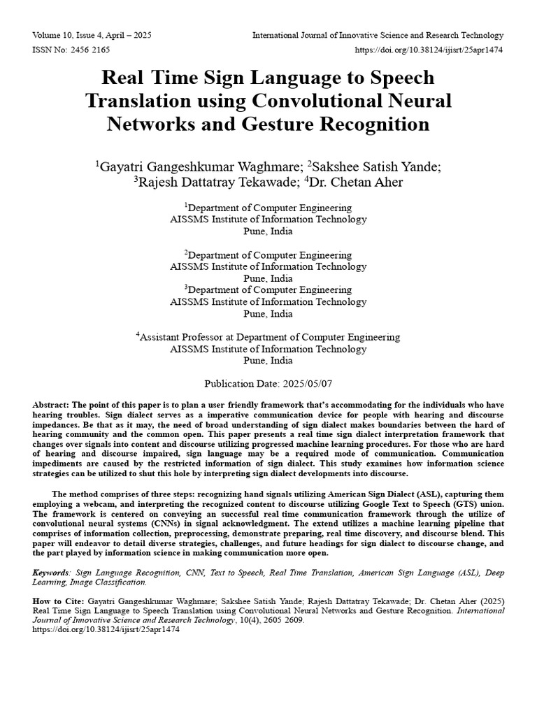 Real-Time Sign Language to Speech Translation using Convolutional ...