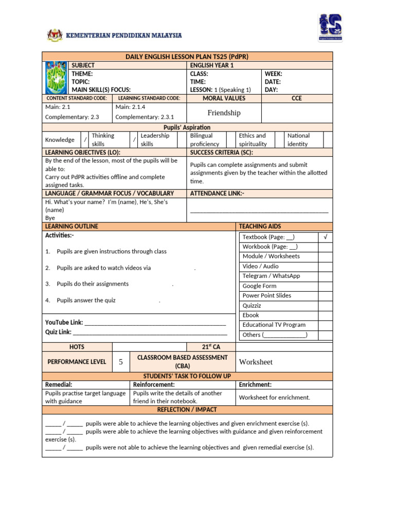 Bi Year 1 Ts25 PDPR (Template) | PDF | Lesson Plan | Learning