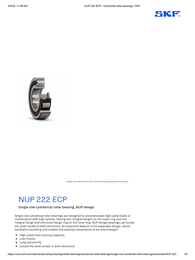 NUP 222 ECP - Cylindrical Roller Bearings - SKF | PDF | Bearing ...