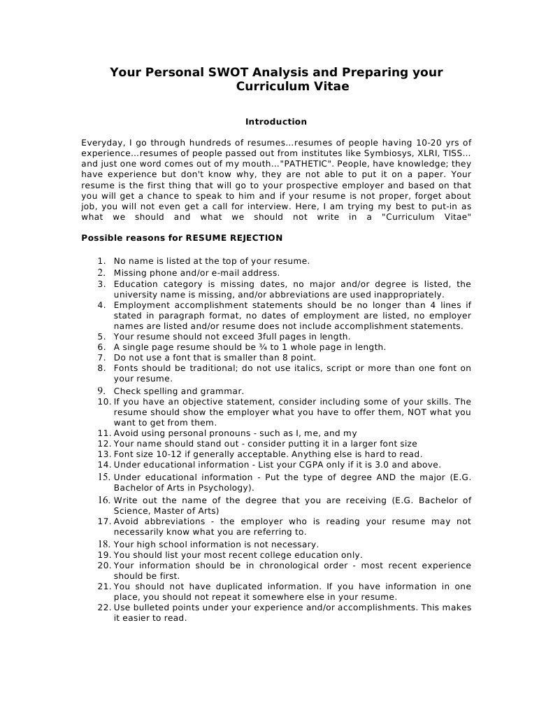 Your Personal SWOT Analysis and Preparing Your Curriculum Vitae | PDF ...