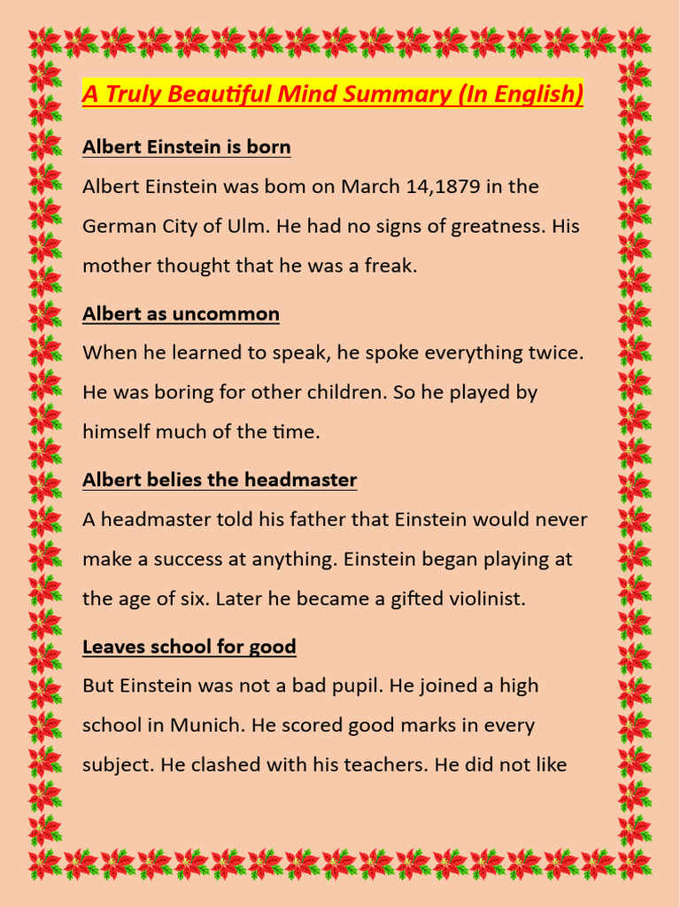 A Truly Beautiful Mind Summary Bilingual Class 9 | PDF