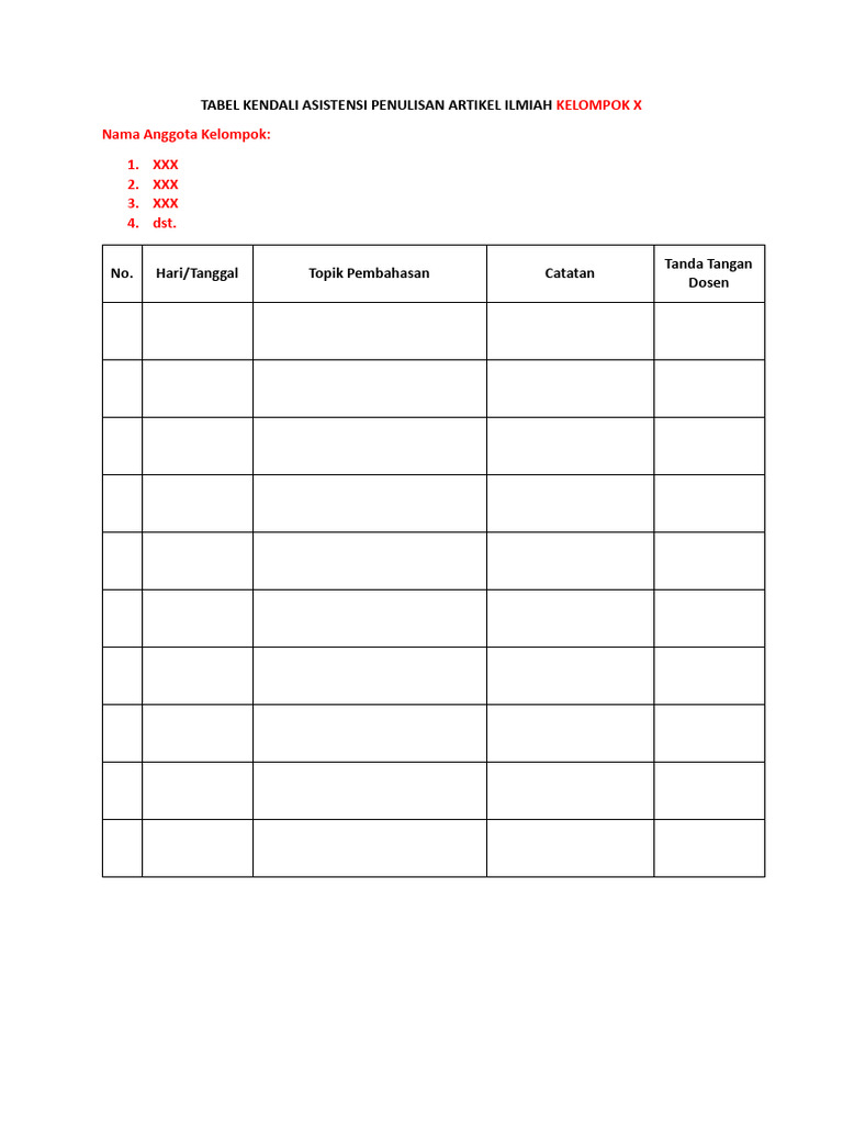 Format Tabel Kendali Asistensi Penulisan Artikel Ilmiah | PDF