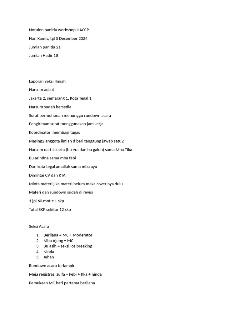 Notulen Panitia Workshop HACCP | PDF