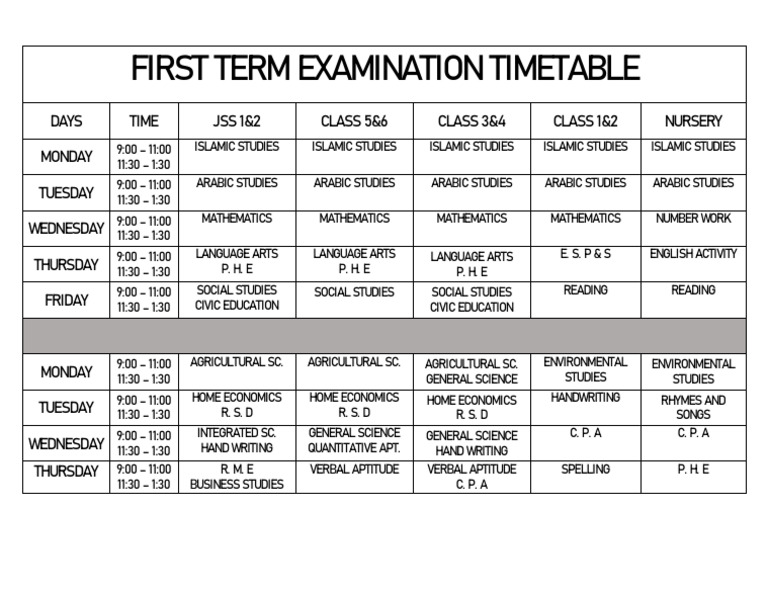 First Term Exam Timetable 2025 | PDF