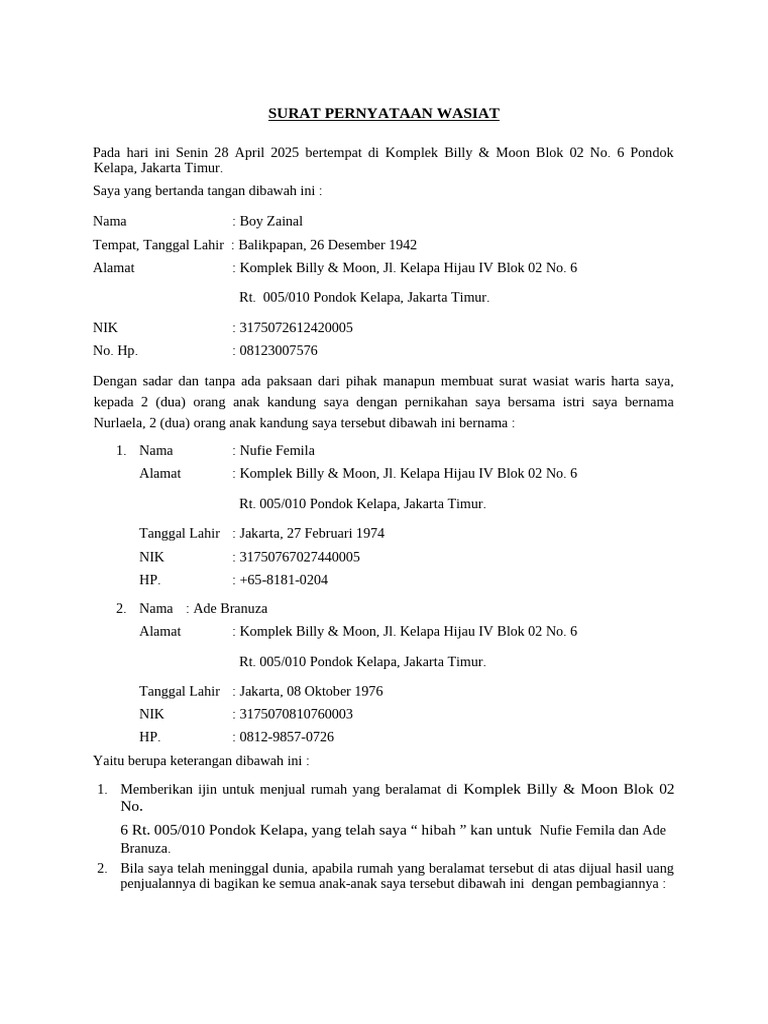 SURAT PERNYATAAN WASIAT Baru | PDF
