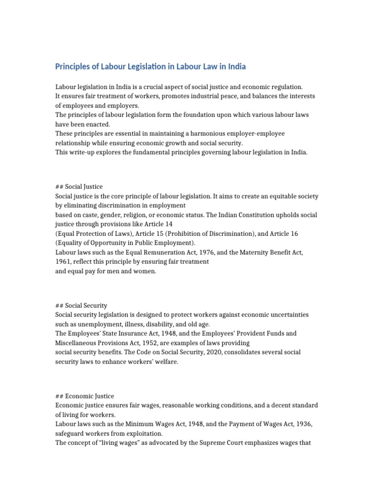 Principles of Labour Legislation in India | PDF | Labour Law | Employment