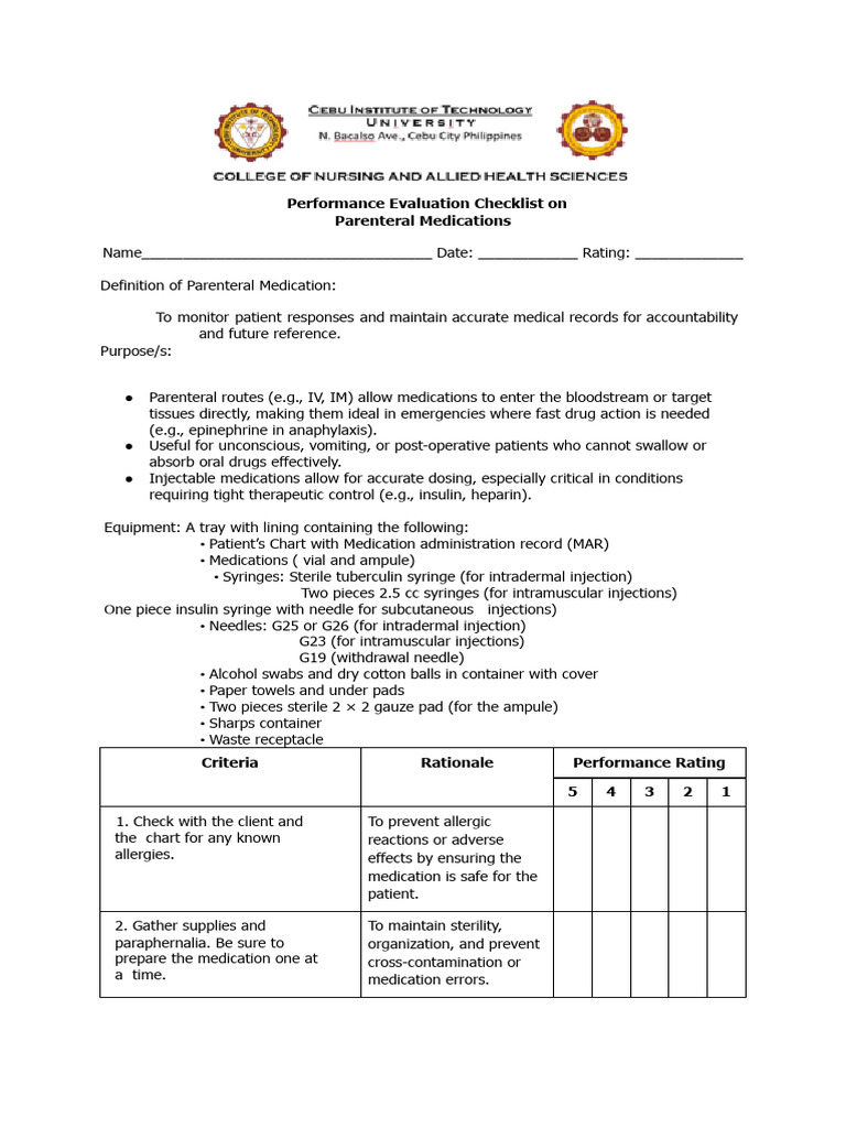 CIT Parenteral Medications Checklist | PDF | Injection (Medicine ...