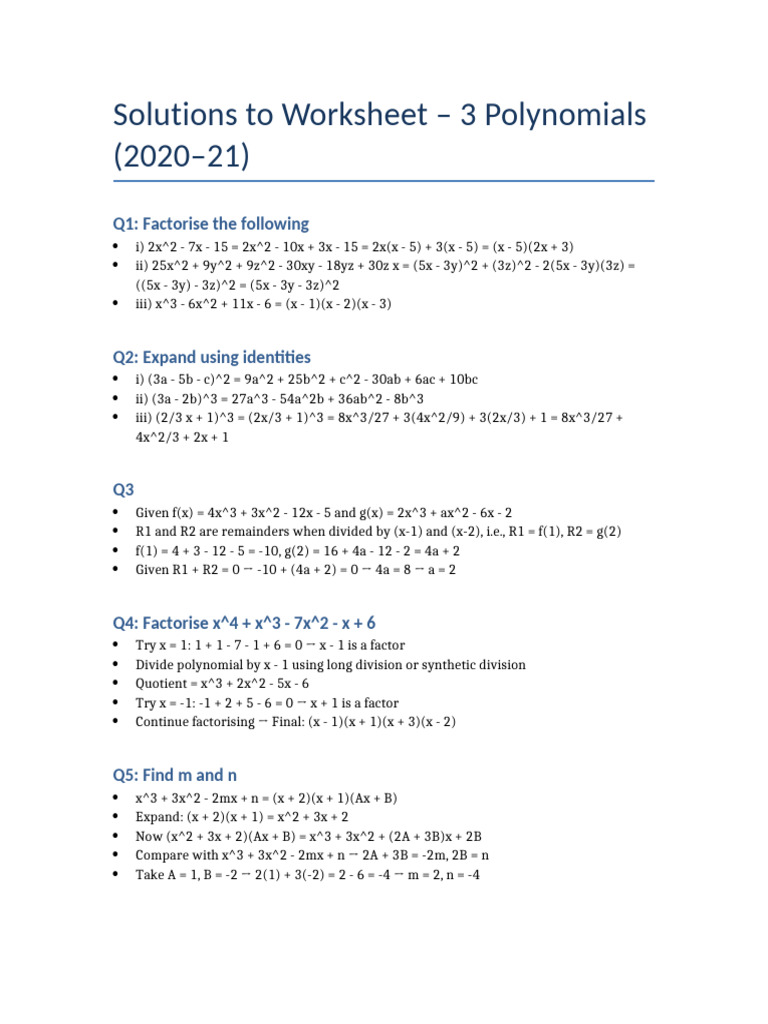 Polynomial Worksheet Solutions Class9 | PDF | Factorization | Algebra