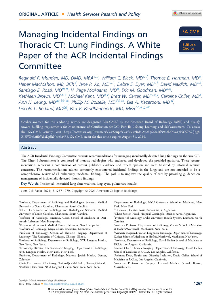 Managing Incidental Findings on Thoracic CT Lung Findings מאמר א' | PDF ...